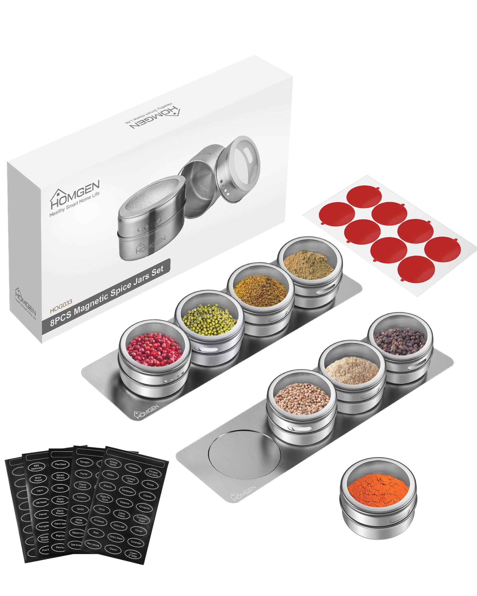HOMGEN 8 Pack Magnetic Spice Jars Set Stainless Steel Magnetic Spice ...