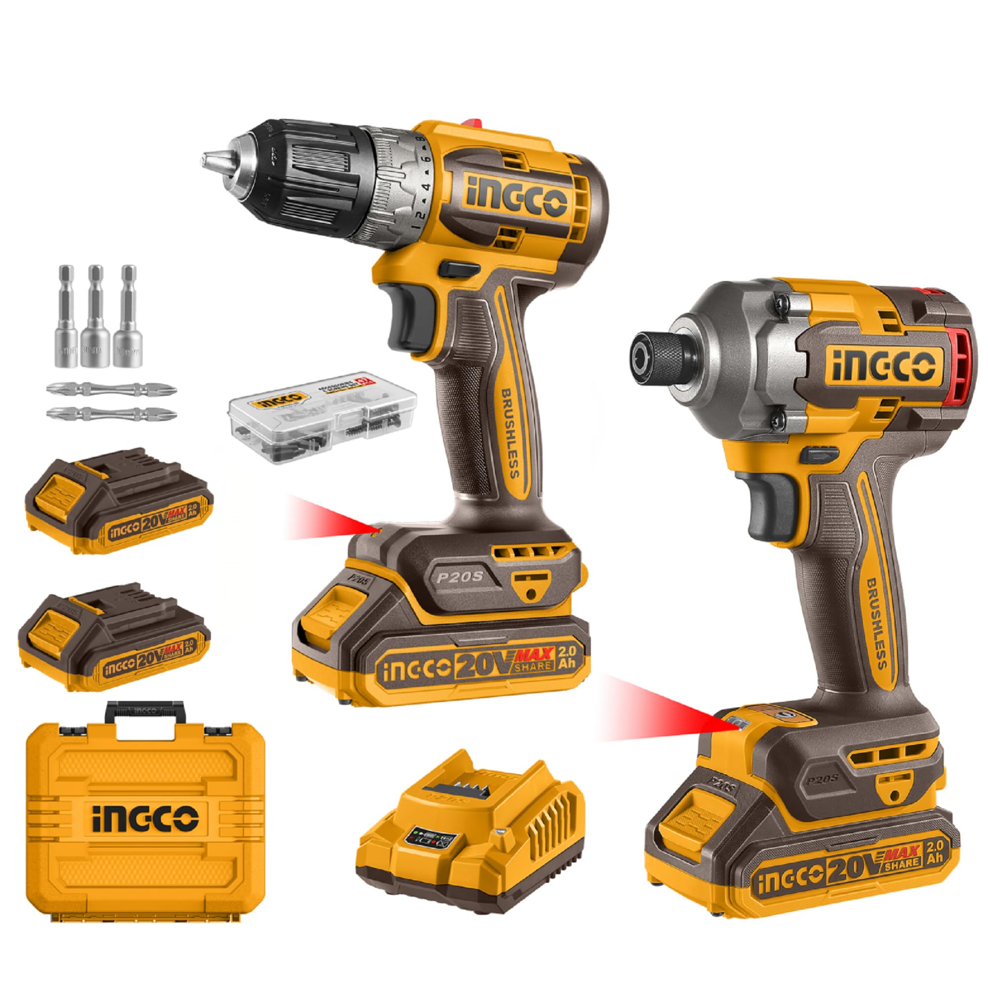 INGCO 20V Cordless Brushless Combi Drill and Impact Driver Twin Kit ...