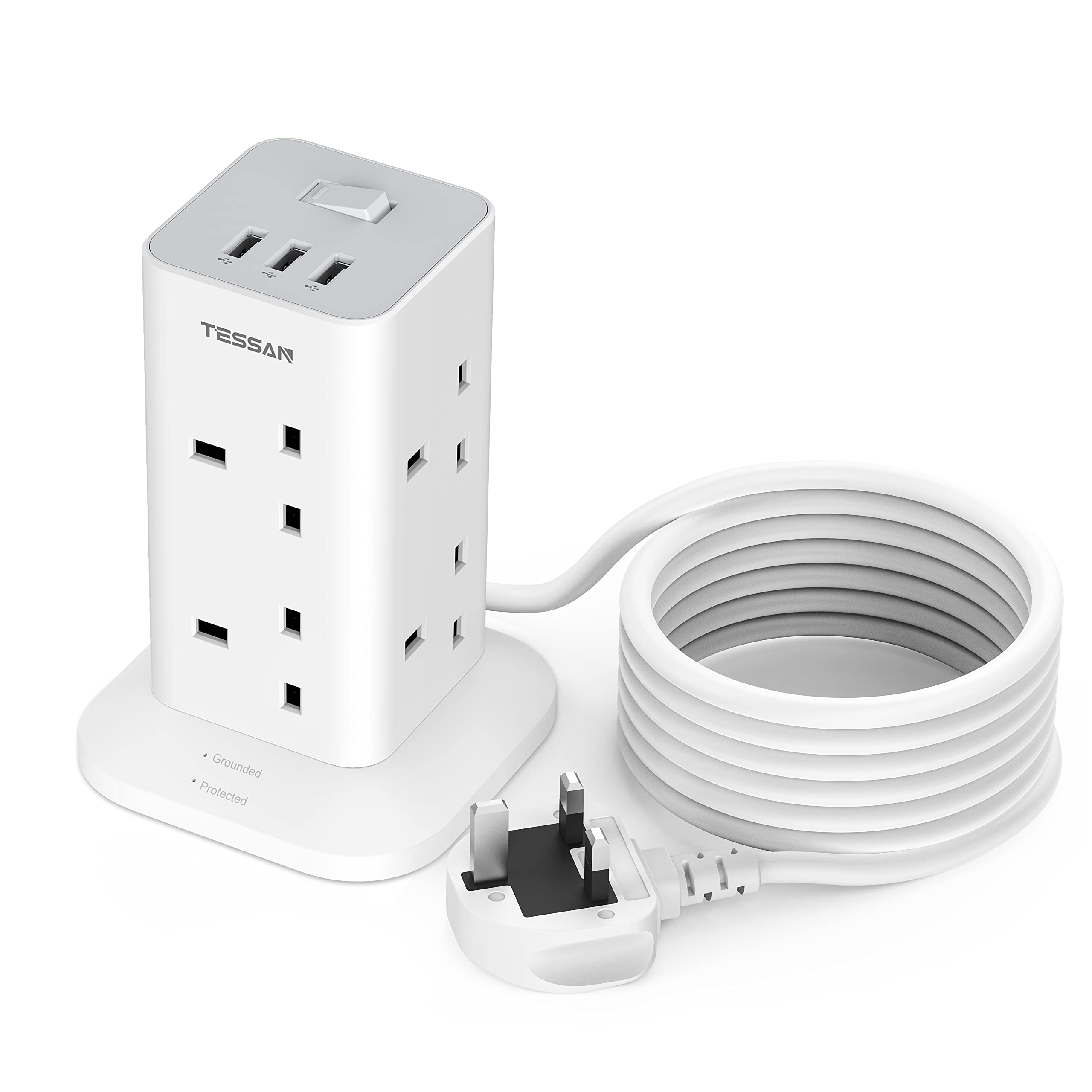 Tower Extension Lead 3M with 3 USB Slots, TESSAN Extension Cable 8 Way ...