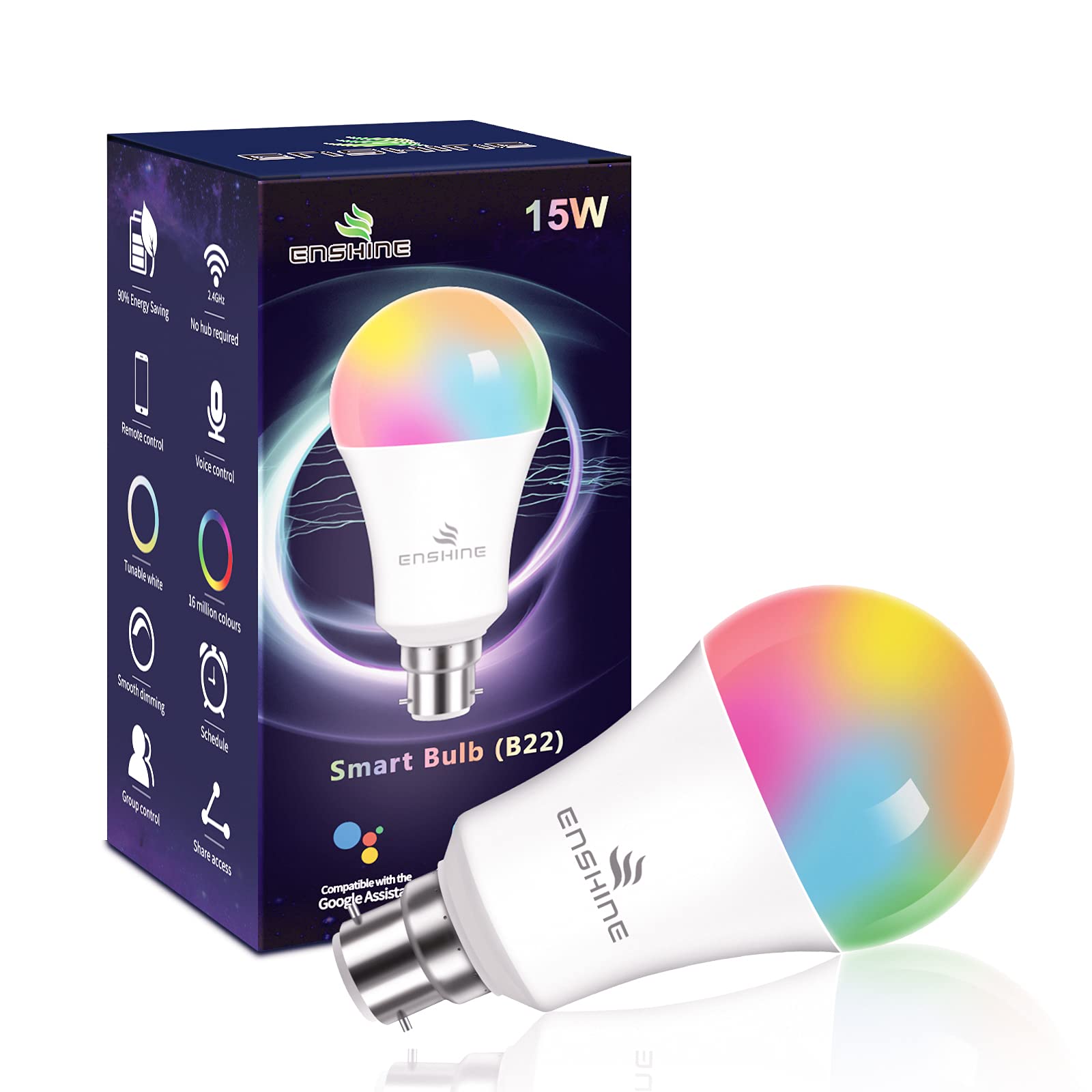 Enshine Bayonet Smart Bulb, 15W(100W) WiFi Light Bulbs B22, Colour ...