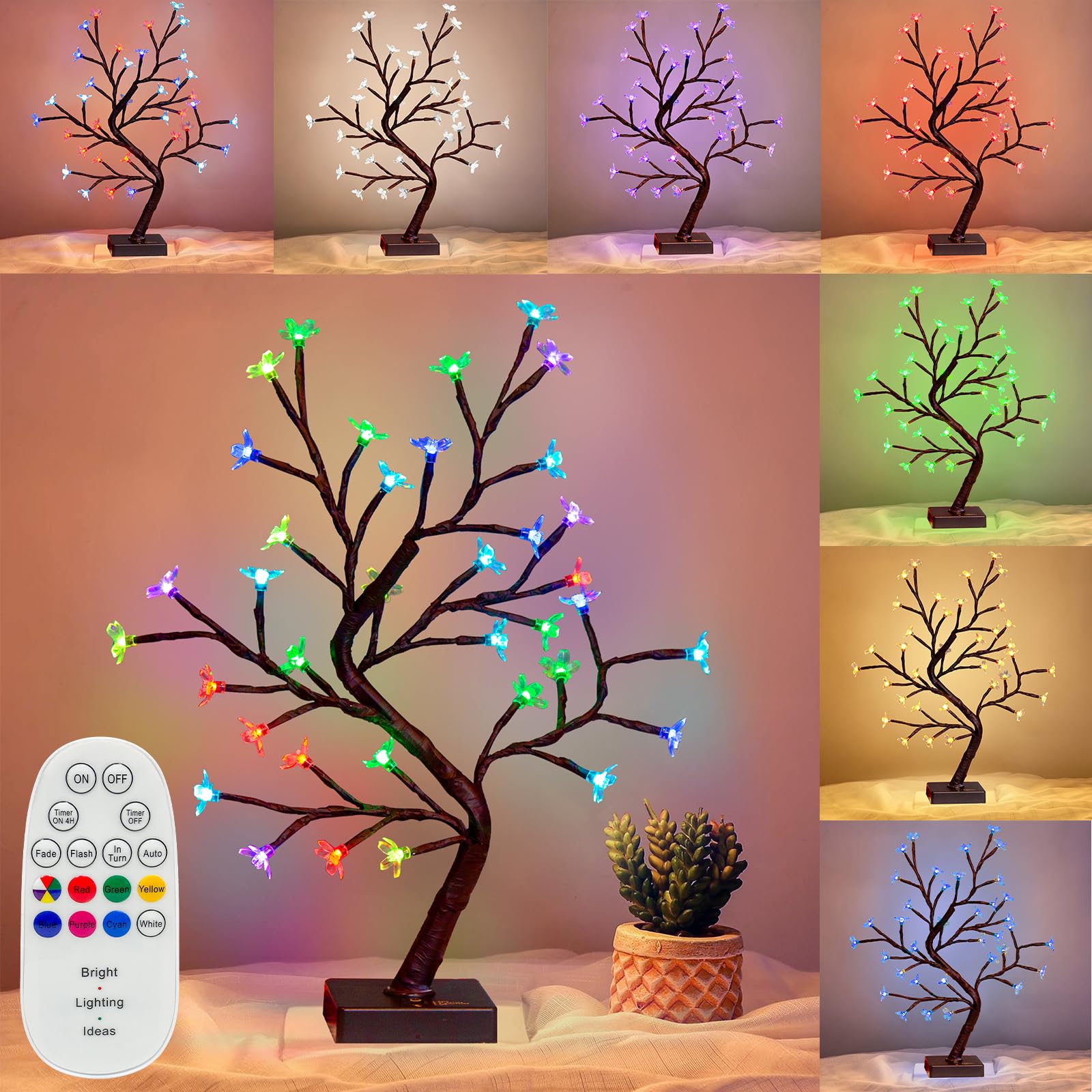 Vanthylit Multicolour Cherry Blossom Tree Light up, 36 LED Bonsai Tree ...