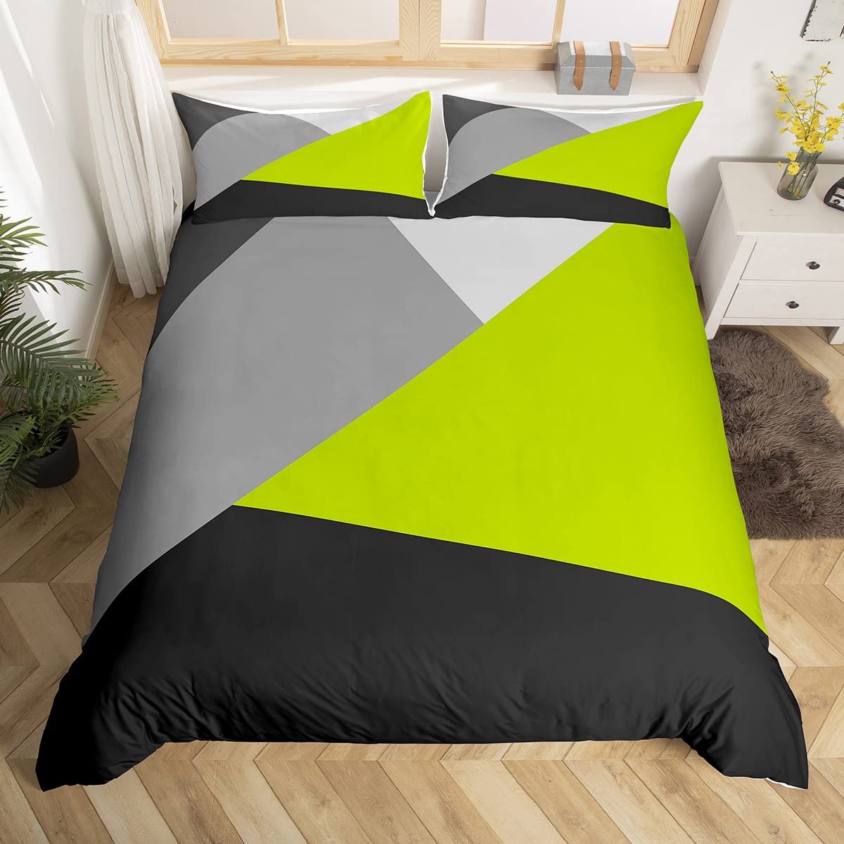 Lime Green Black Grey Bedding Set Geometric Triangle Duvet Cover Single ...
