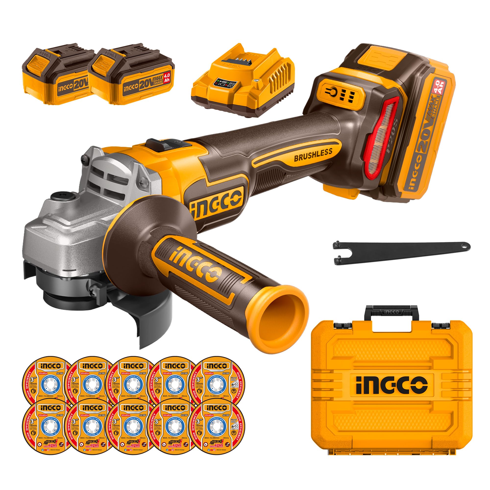INGCO 115mm Cordless Angle Grinder 20V Brushless Angle Grinder Tools ...
