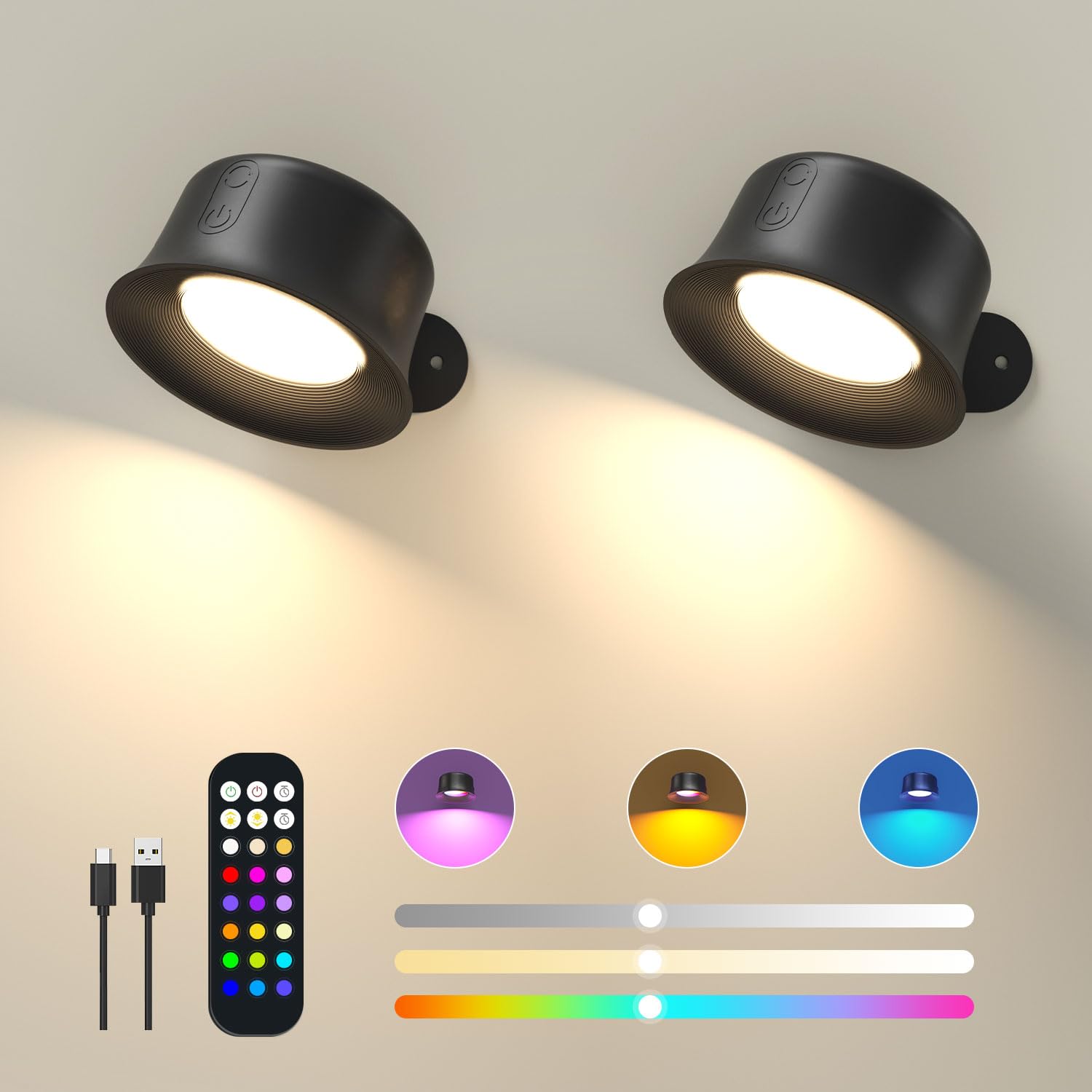 FULEN Wall Lights, 2 Pack LED Wall Lamp with 18 RGB Colors, 3200mAh ...