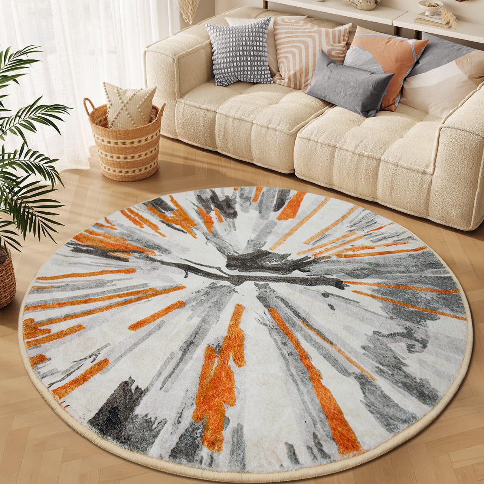 Large Round Area Rug Modern Short Pile Rug Round ∅ 180 cm Abstract Grey ...