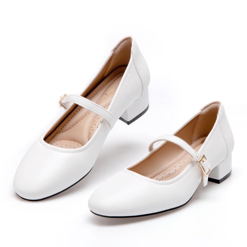 hingswink Mary Jane Shoes Women White Low Heels Dress Shoes Pumps for ...