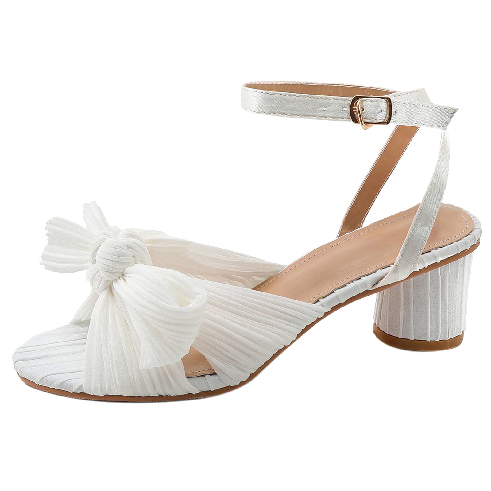 COOLCEPT Women Elegant Pleated Bow Bridal Sandals Block Mid Heel ...