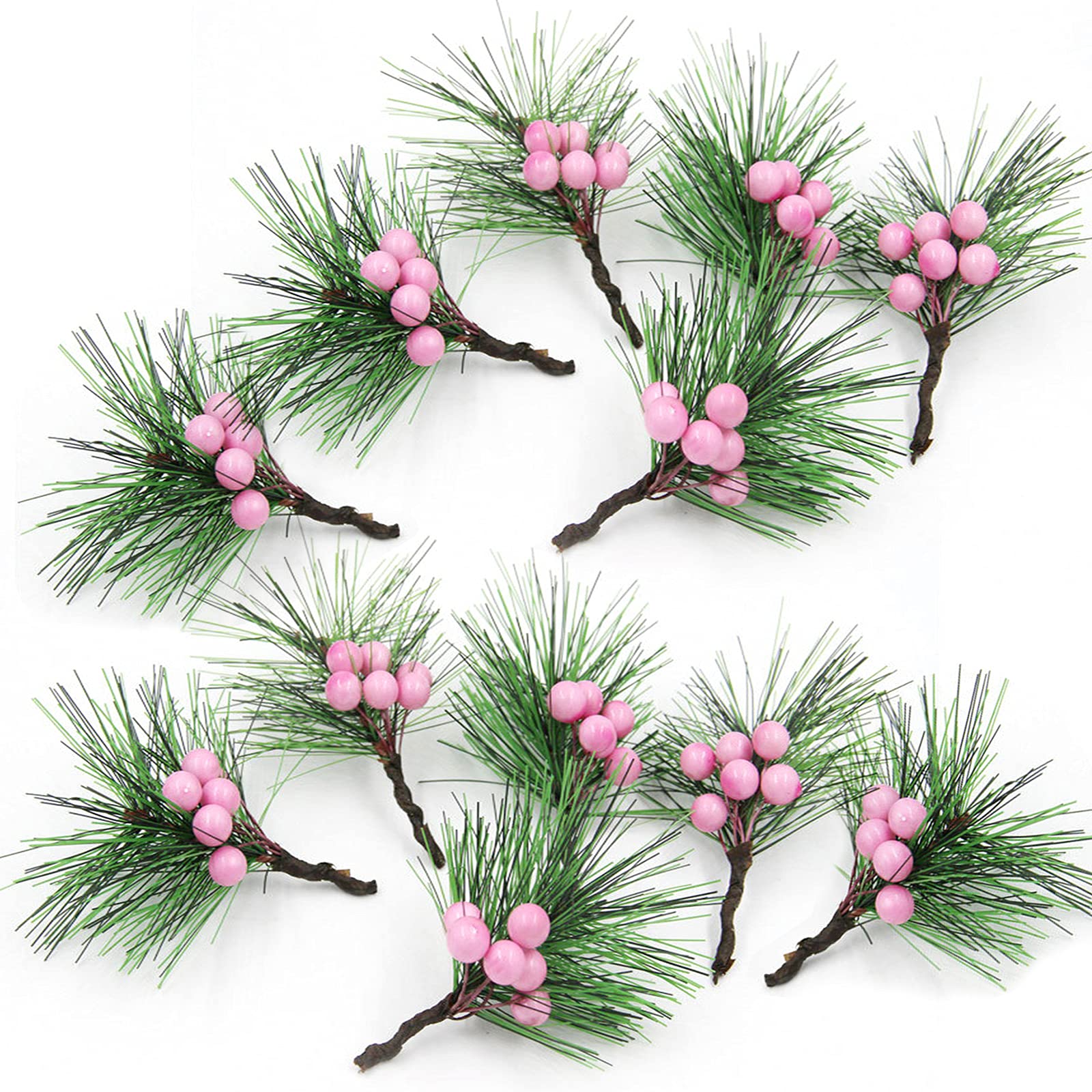 LEMCC 24PCS Artificial Christmas Mini Pine Picks Pink Berry Stems Picks ...