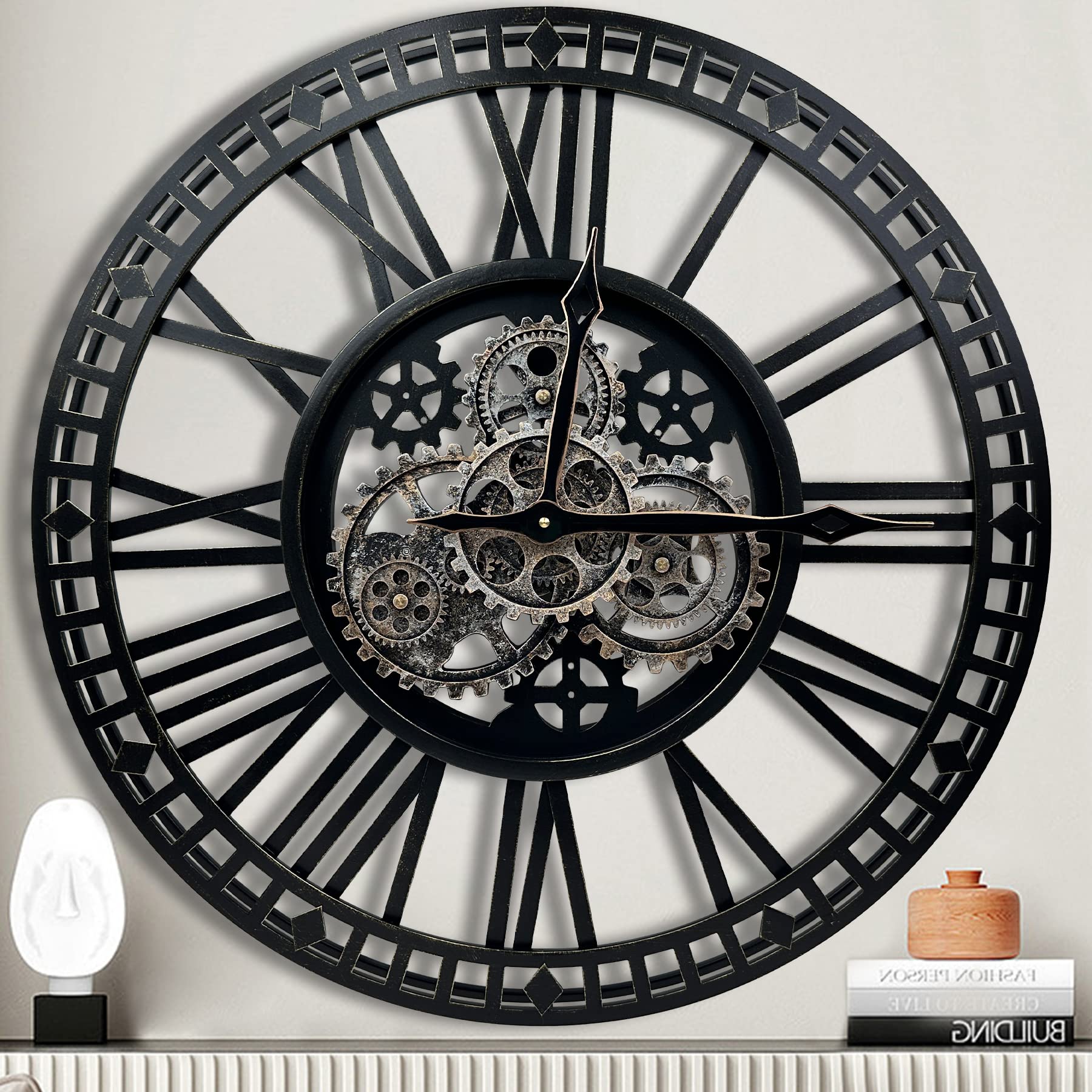 DORBOKER Large Wall Clock Moving Gears Oversized Industrial Steampunk ...