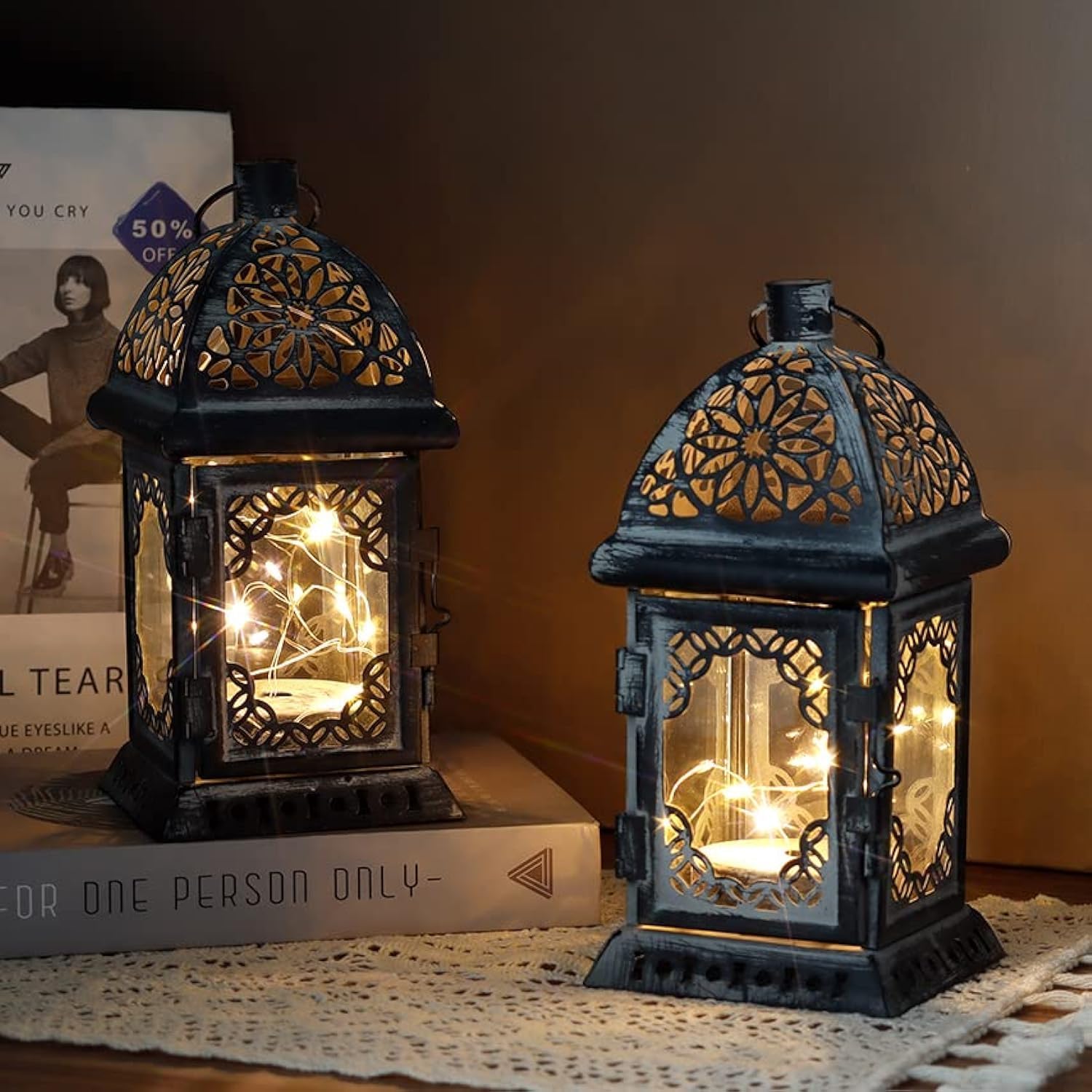 TRIROCKS Set of 2 Vintage Style Decorative Lantern 20cm High Battery ...