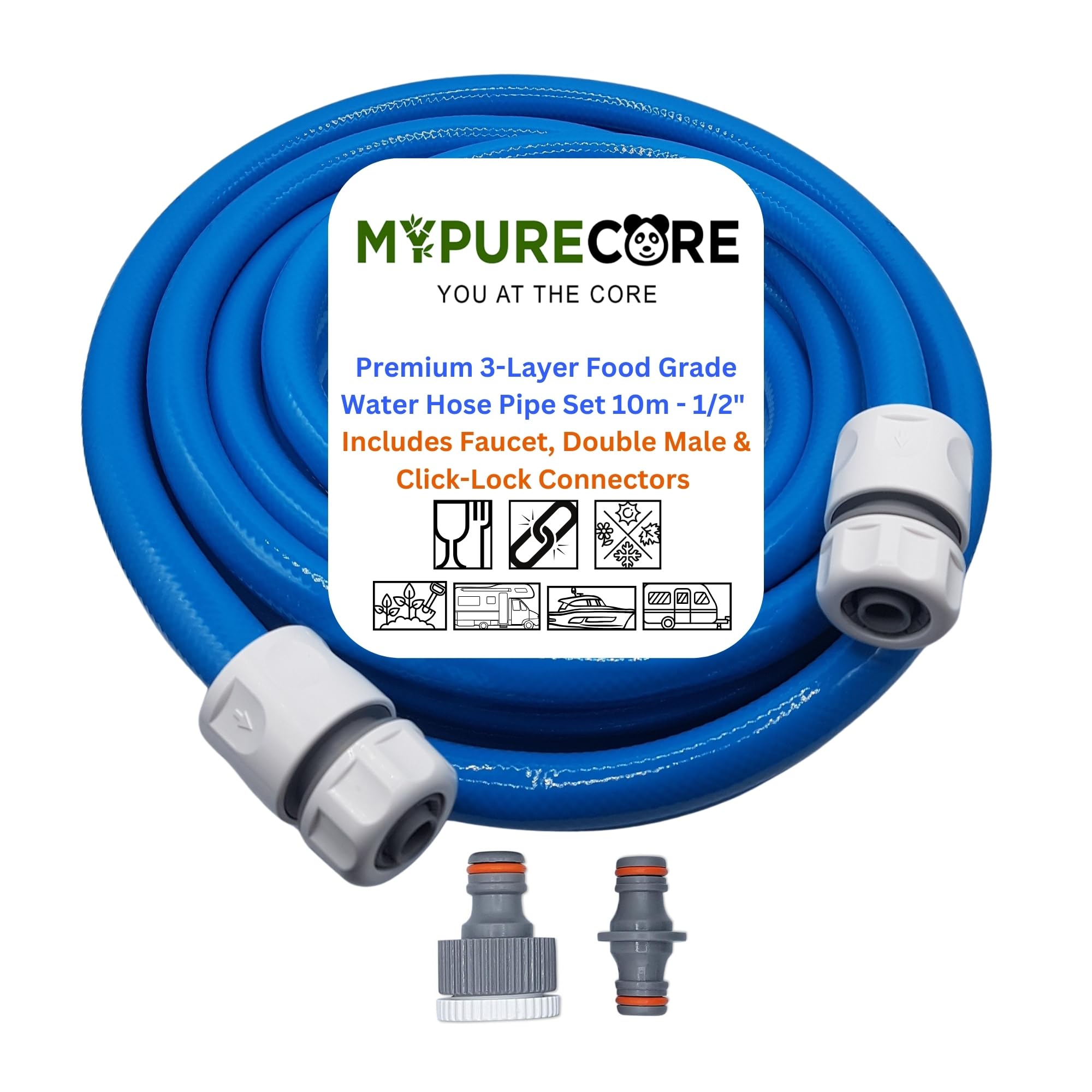 MYPURECORE Premium 3-Layer Food Grade Water Hose Pipe | 10m, 1/2 ...