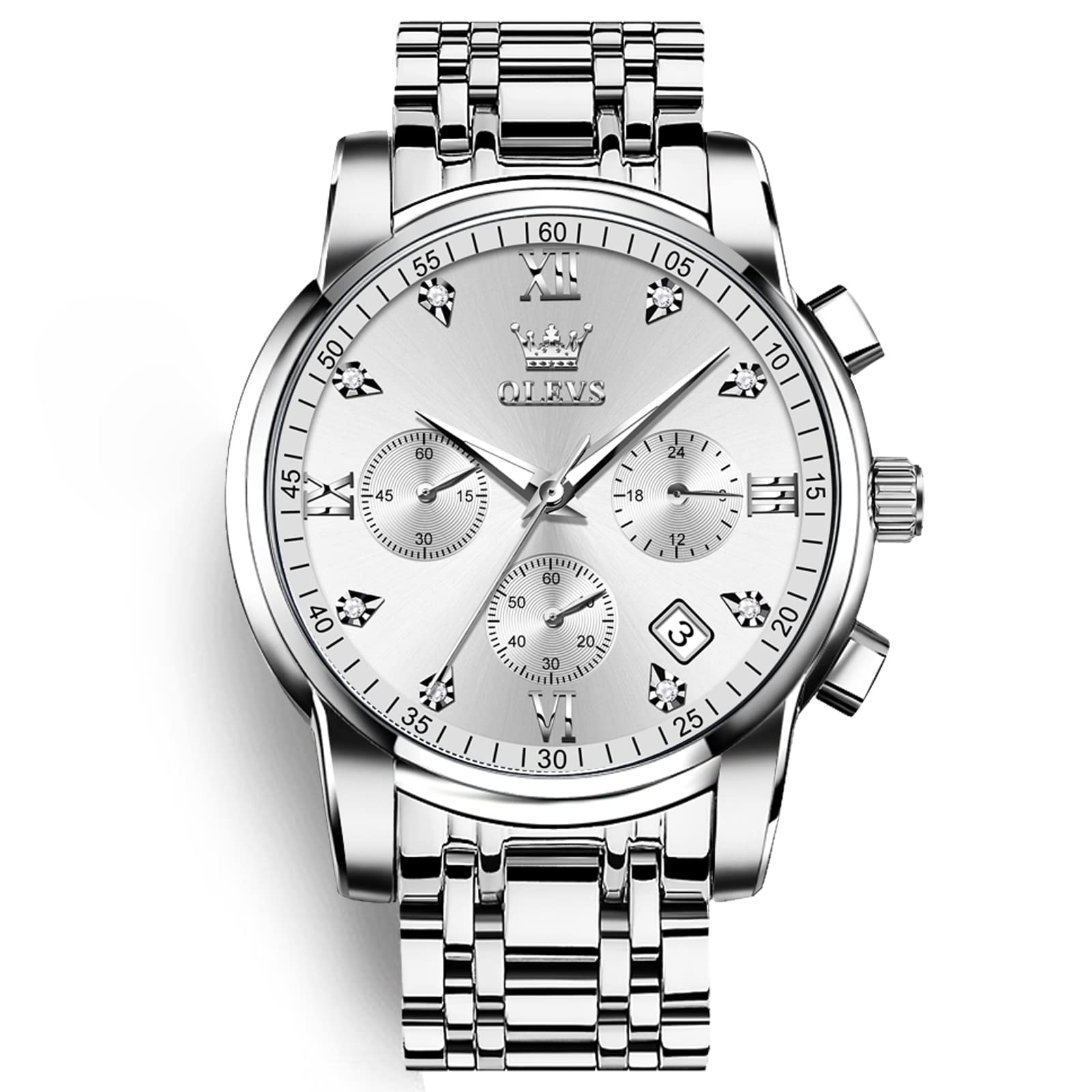 OLEVS Silver Watches for Men Large Face Stainless Steel Analog Quartz ...