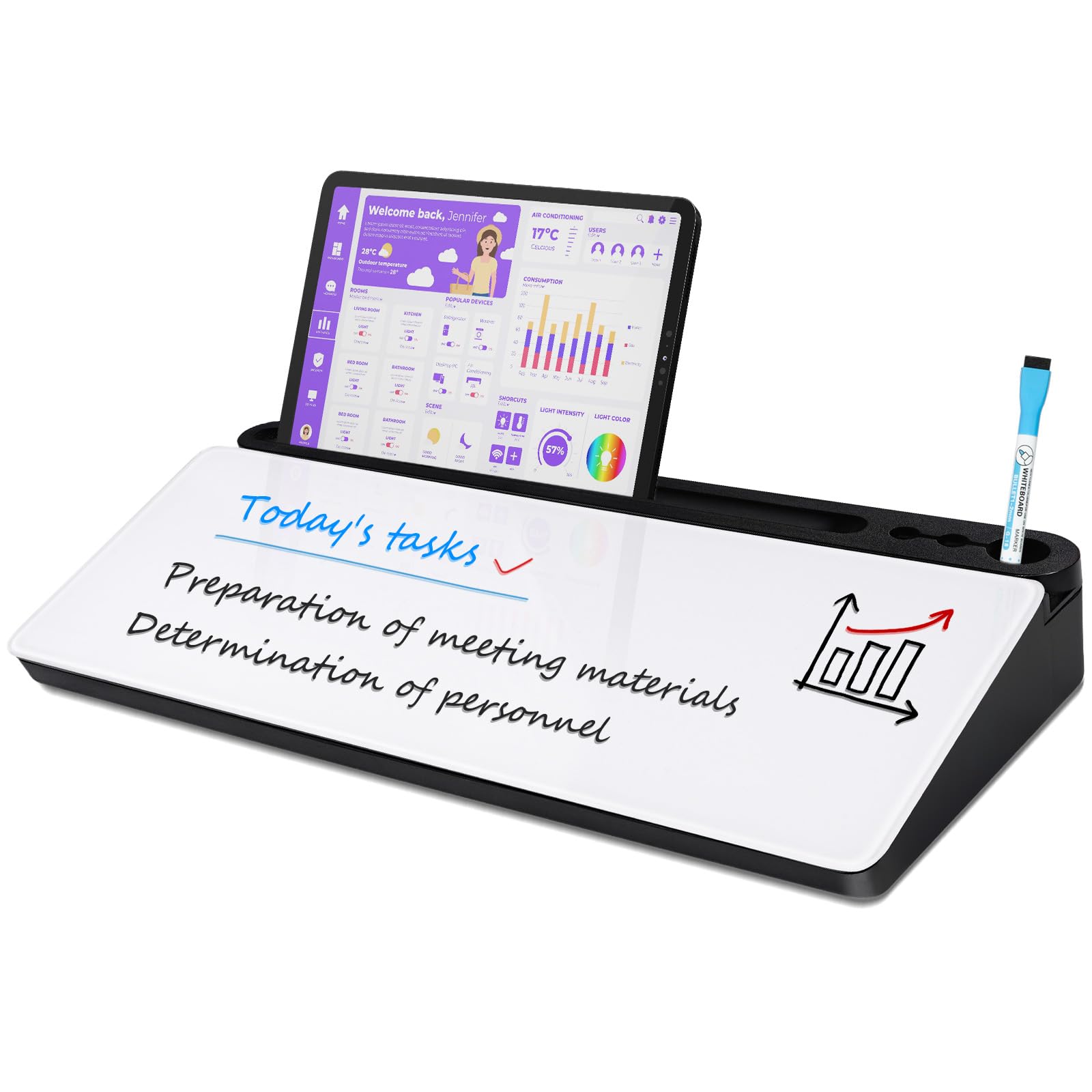 QUEENLINK Glass Desktop Whiteboard with Storage, Small Dry Erase Board ...