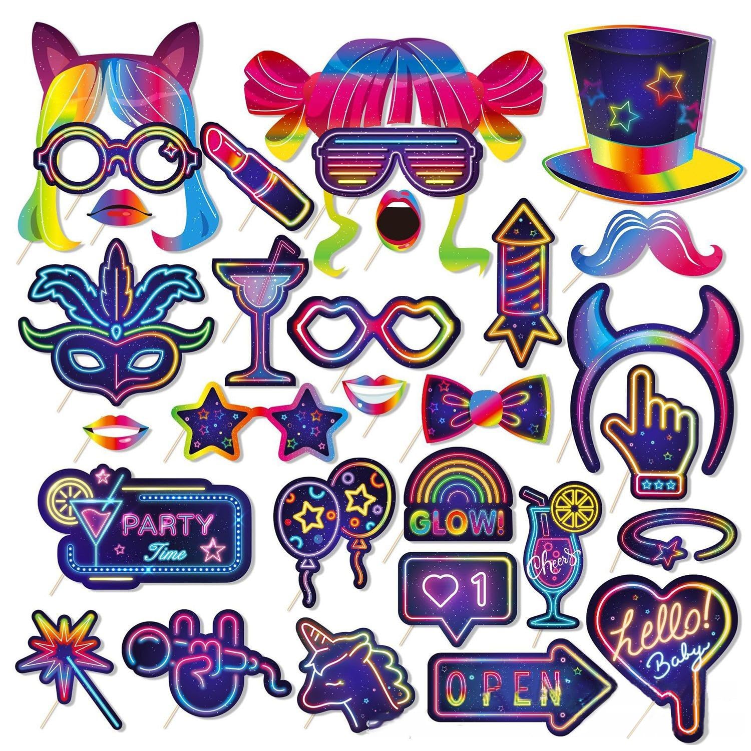 DIY Photo Booth Props Party, 30Pcs Luminous Fluorescent Selfie Props ...