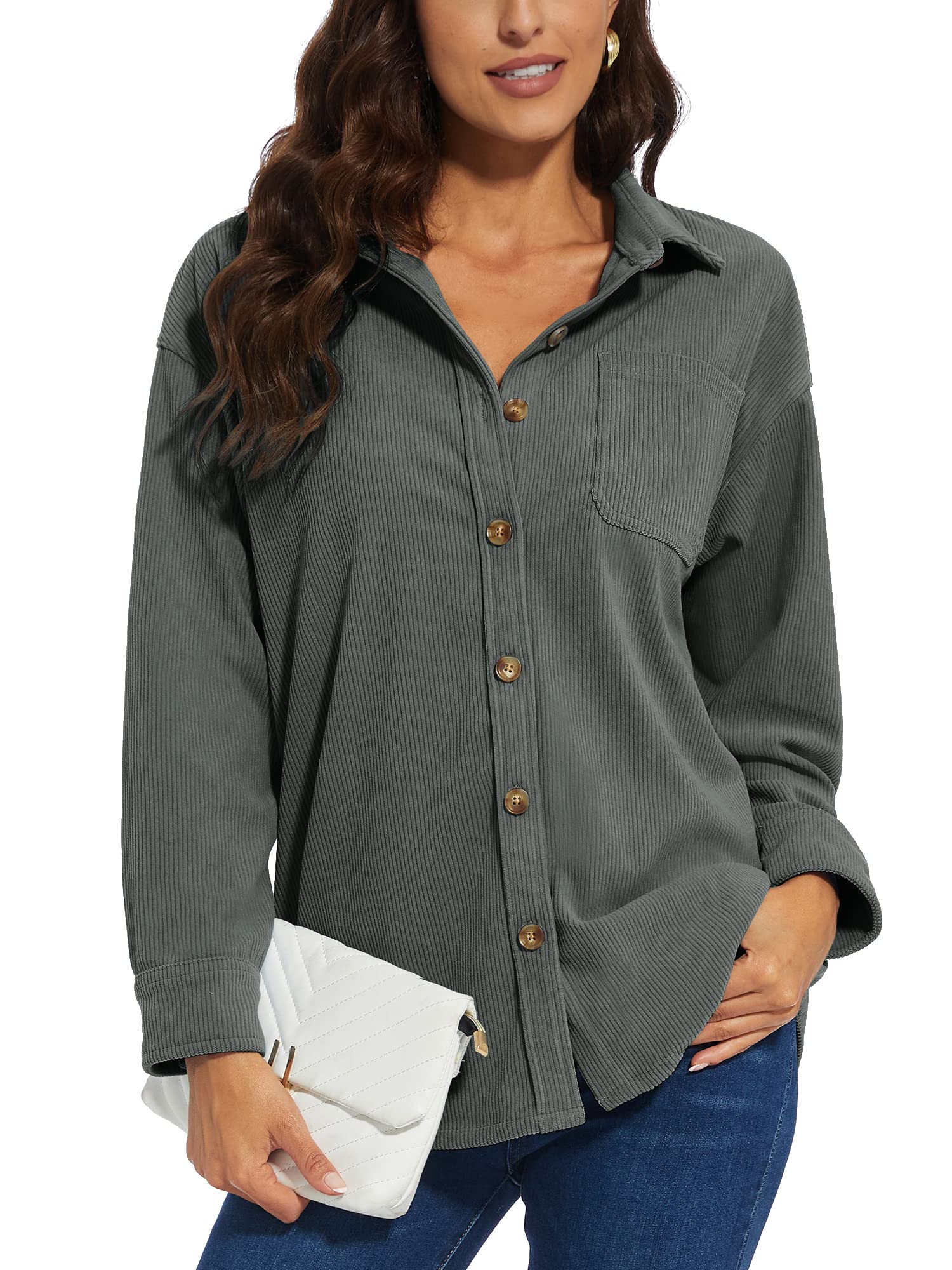 KEFITEVD Ladies Button-Down Shirt Casual Long Sleeve Blouses Women Lapel Collar Shirt Jacket ...