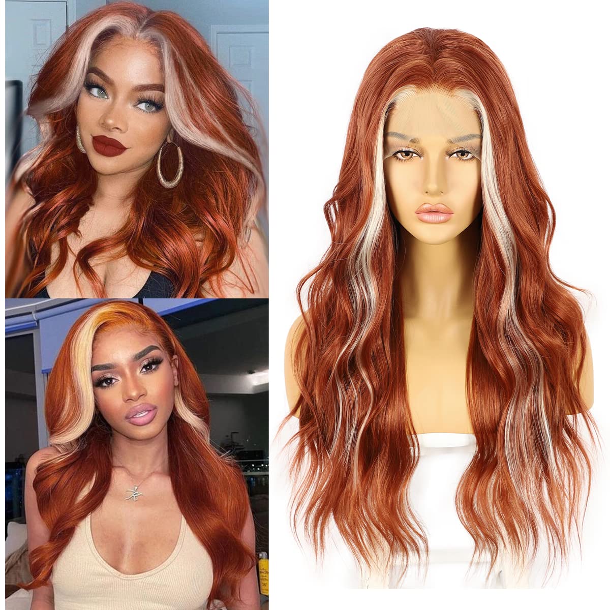 Sapphirewigs Copper Red Body Wave Lace Front Wig Highlight Synthetic ...