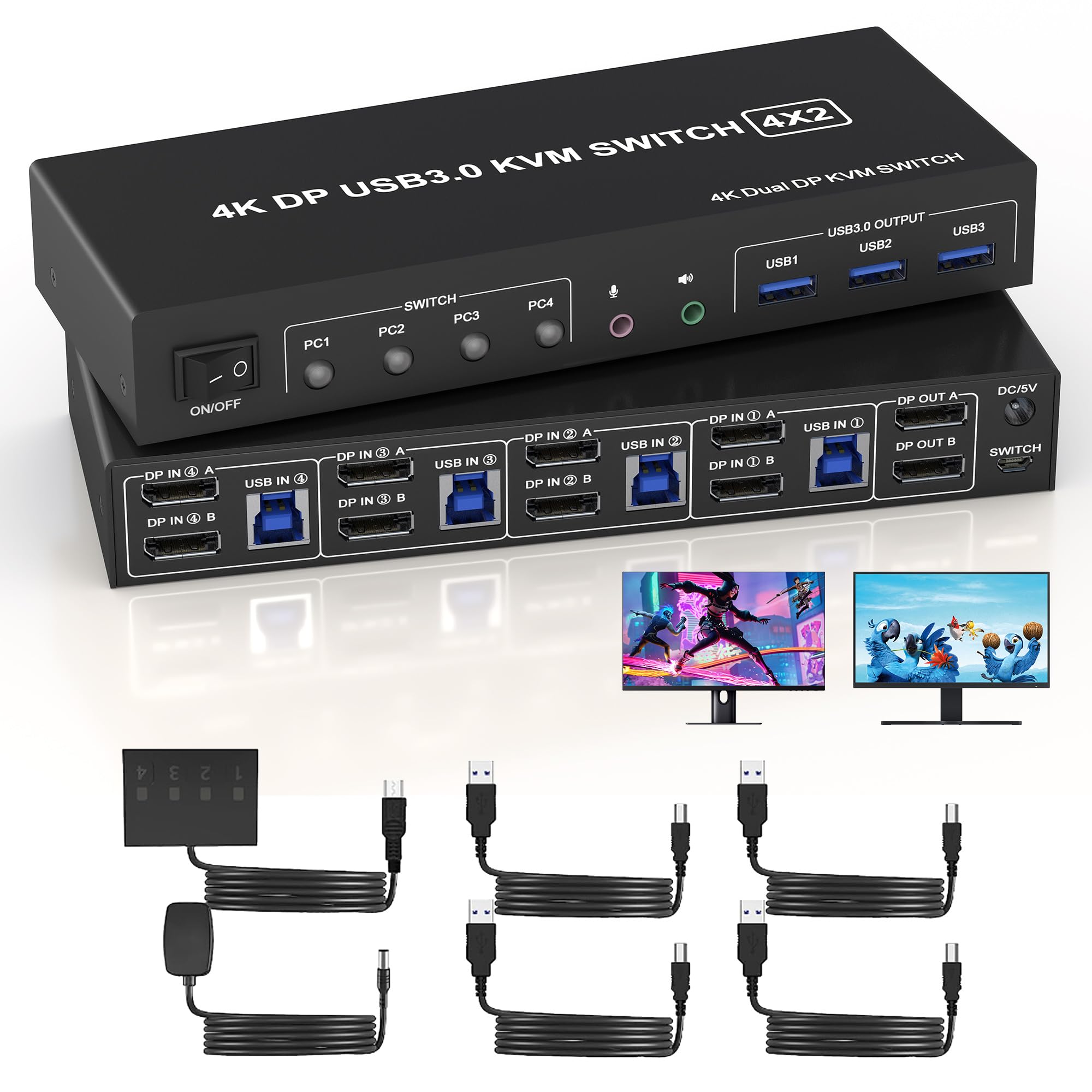 USB 3.0 KVM Switch Displayport 2 Monitors 4 Computers, 4K@60Hz Dual ...