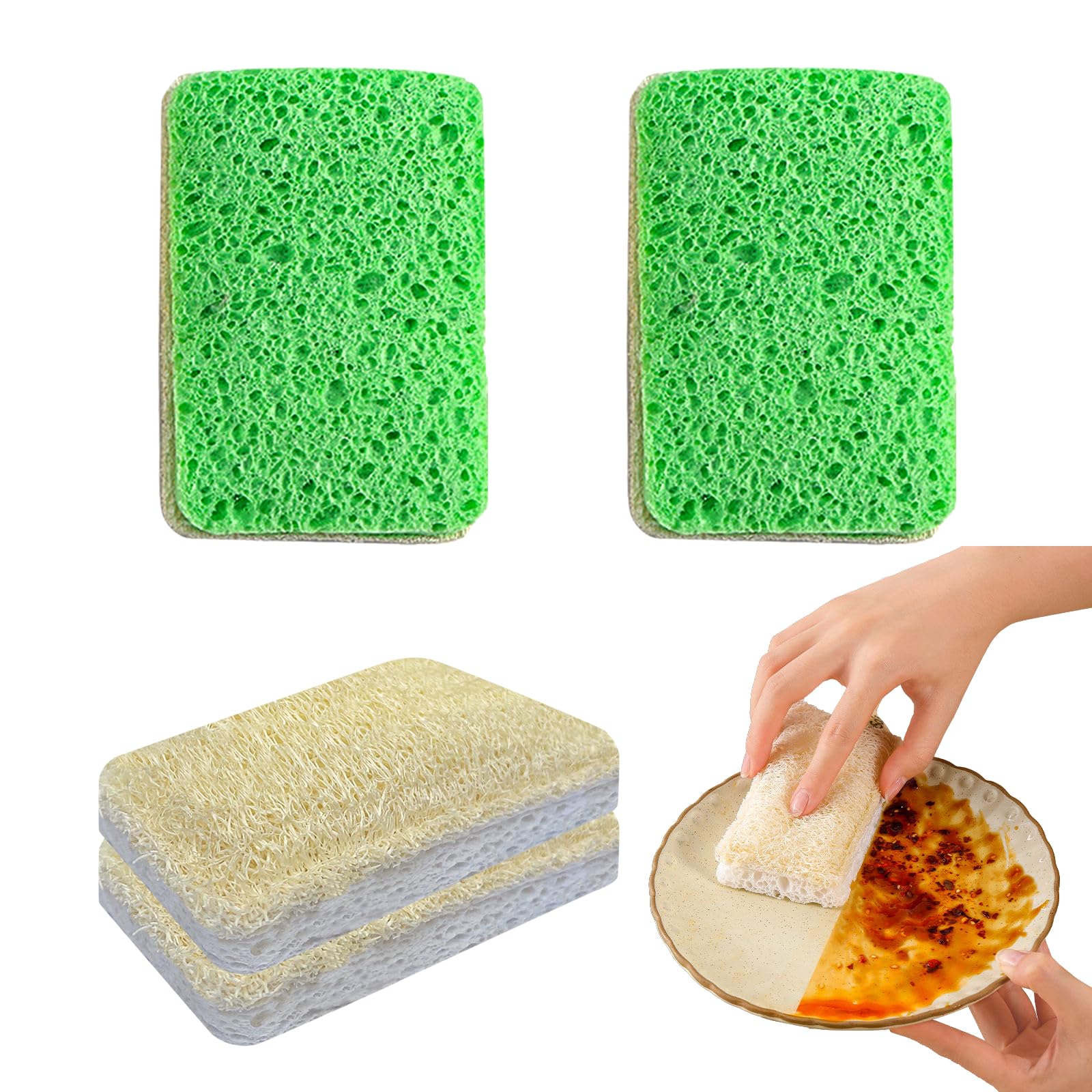 Kitchen Dish Scourers Sponge,4 Pack Eco Compostable Loofah Cellulose ...
